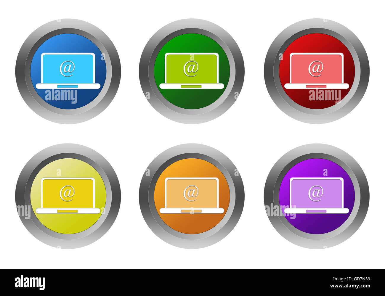 Set of colorful rounded buttons with computer symbol in blue, green ...