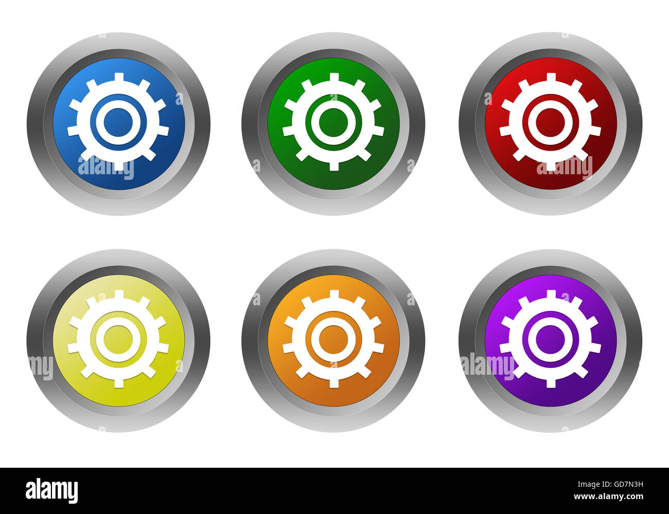 Set of rounded buttons with gear symbol in blue, green, yellow, orange ...