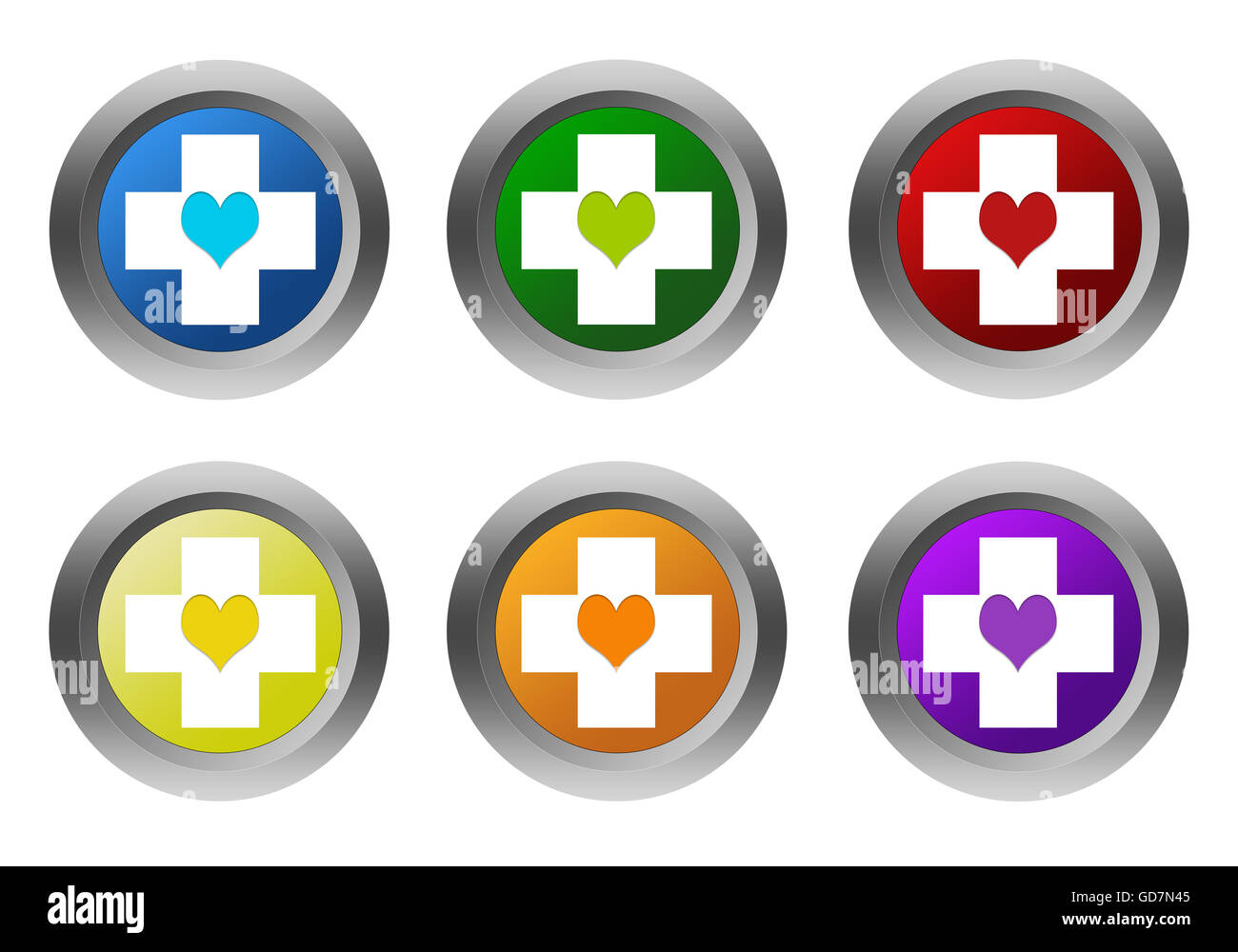Set of colorful buttons with medical symbol in blue, red, yellow, red ...