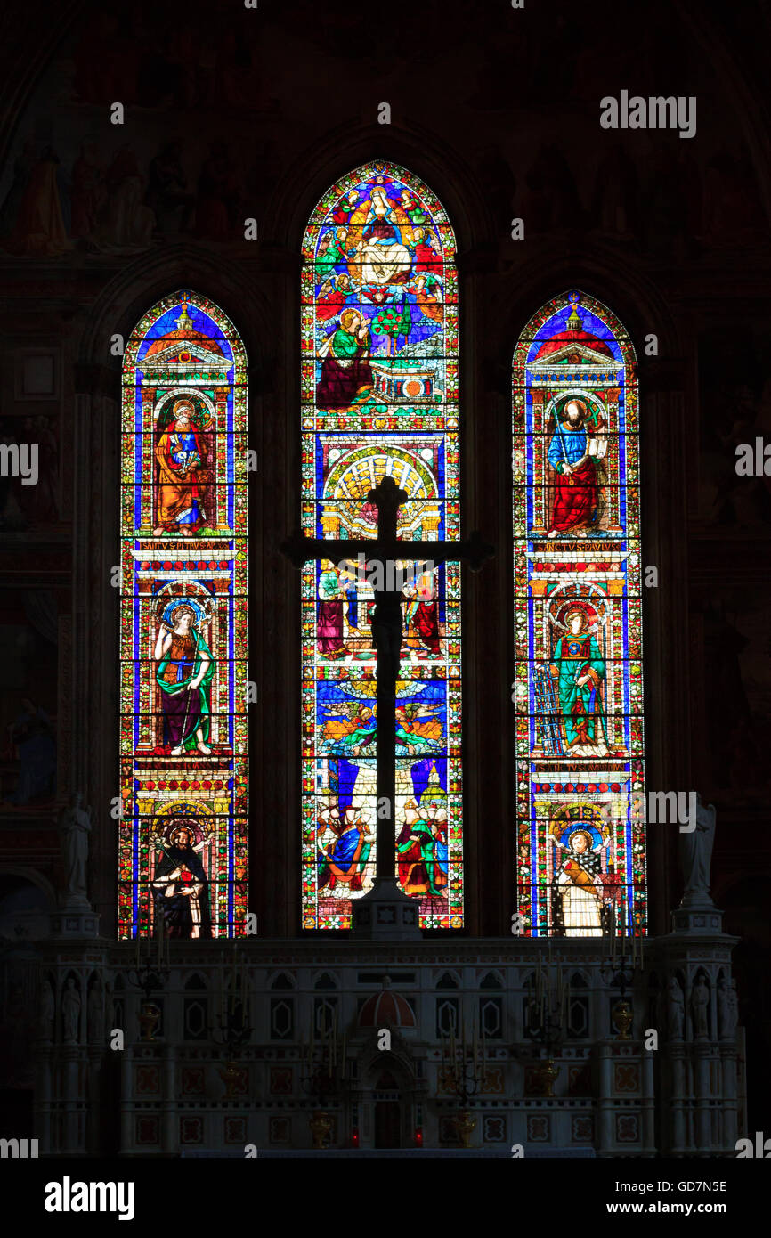 View of colored windows inside a church, Florence, Italy Stock Photo ...