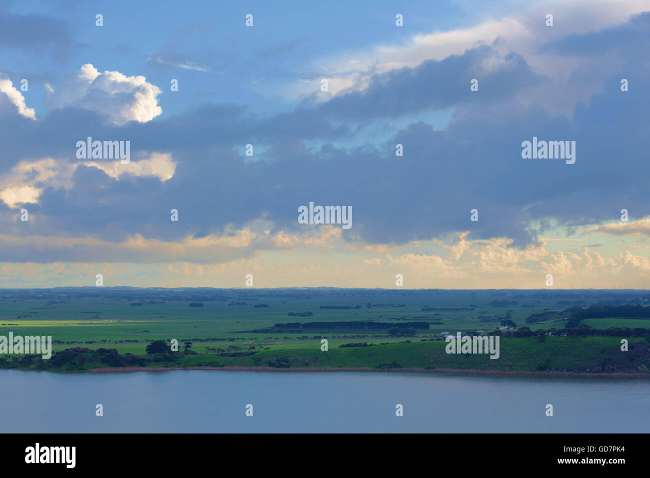 Lake and countryside meadows and pastures at sunset. Victoria ...
