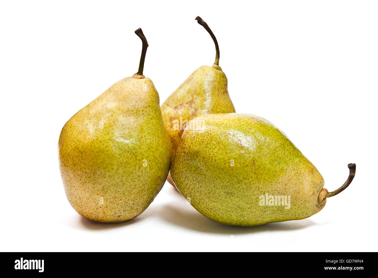 Three fresh green pears. Group of juicy ripe fruits. View of conference ...