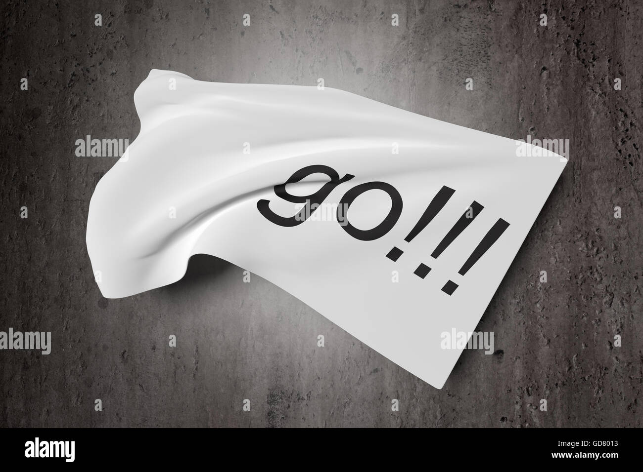 3d rendering of go word with exclamation marks on white waving banner ...