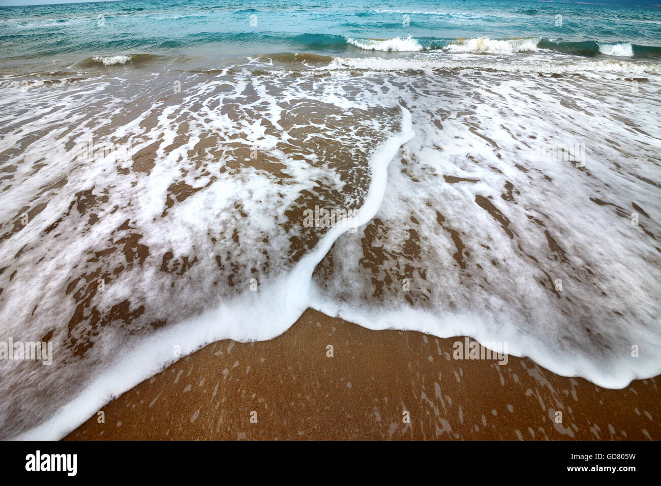 Sea beach with waves in autumn. Wide angle view Stock Photo - Alamy