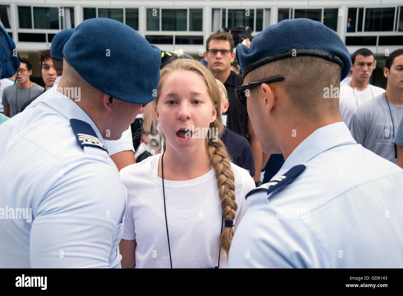 A First-Class cadet yells orders at a newly arrived incoming freshman ...