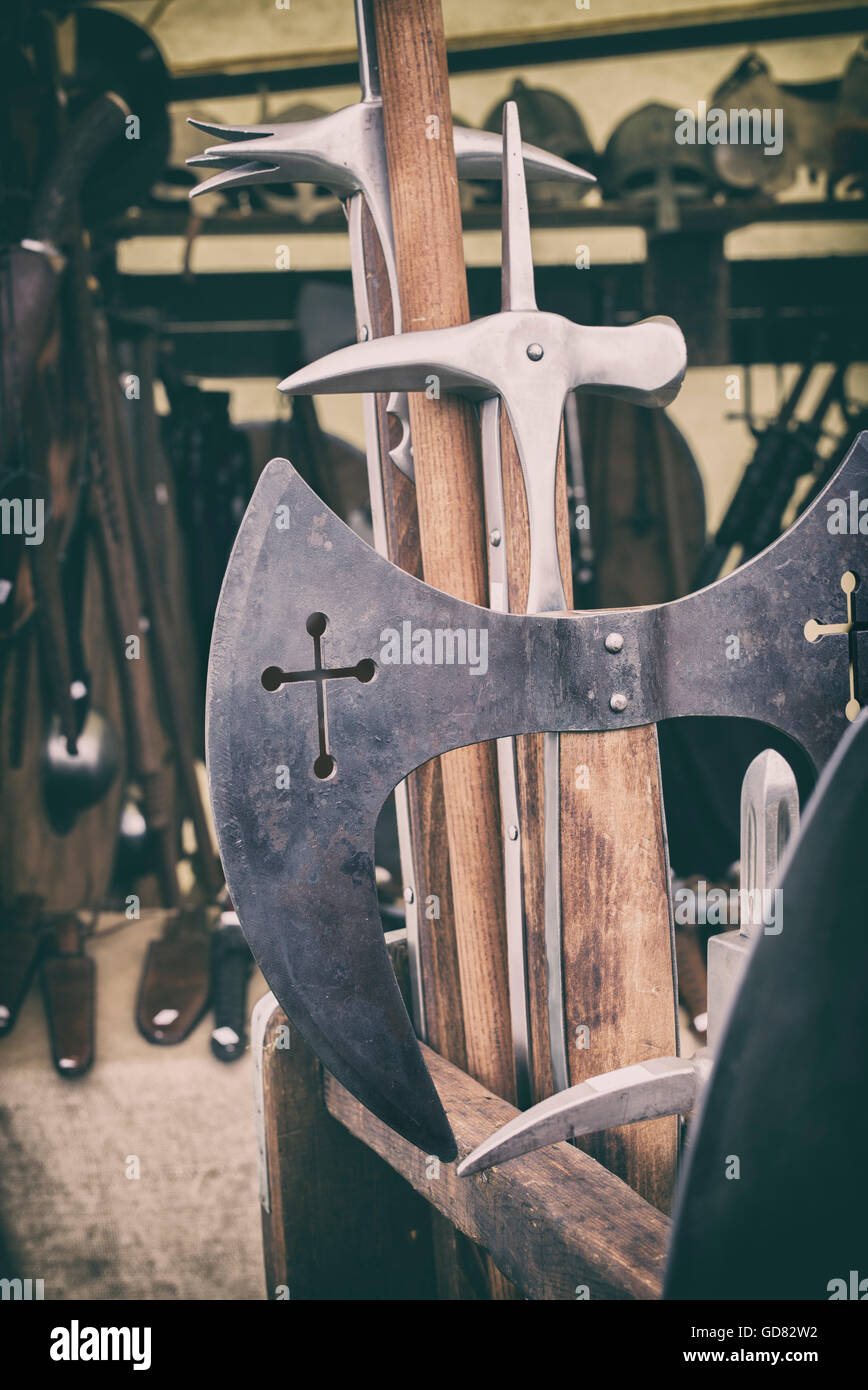 Replica medieval battle axes at the Tewkesbury medieval festival 2016 ...