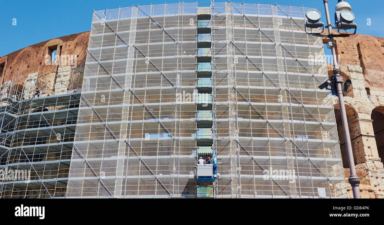 Scaffolding around the Colosseum during restoration, Rome, Lazio, Italy ...