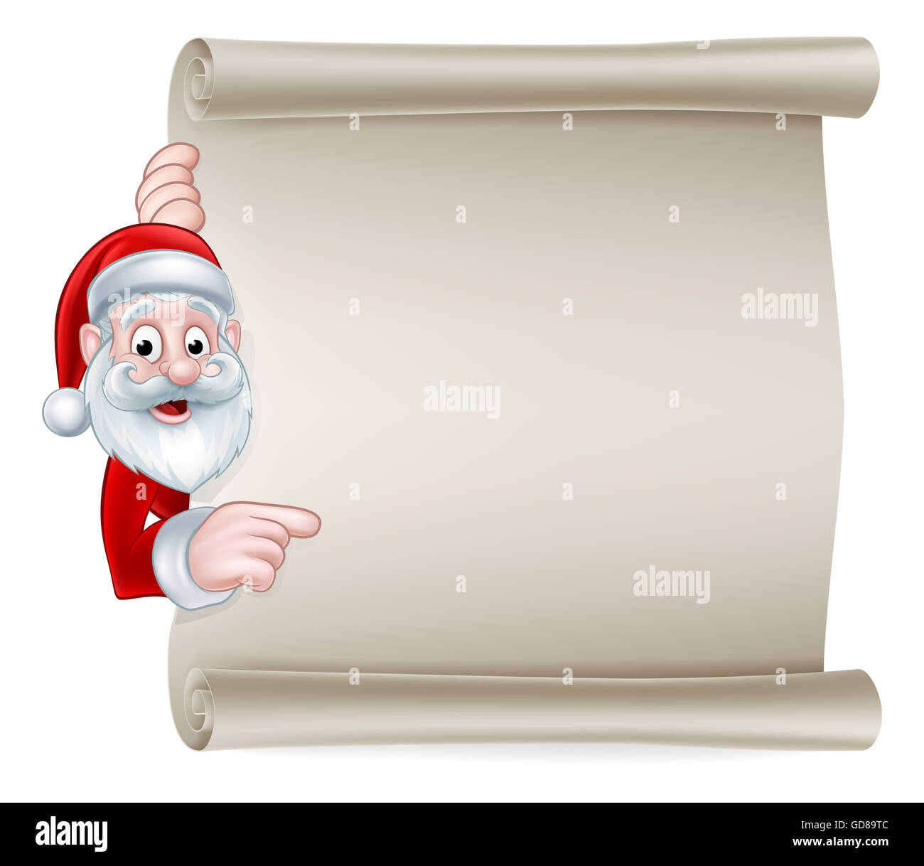 Cartoon Christmas sign with Santa Claus pointing at a scroll banner ...