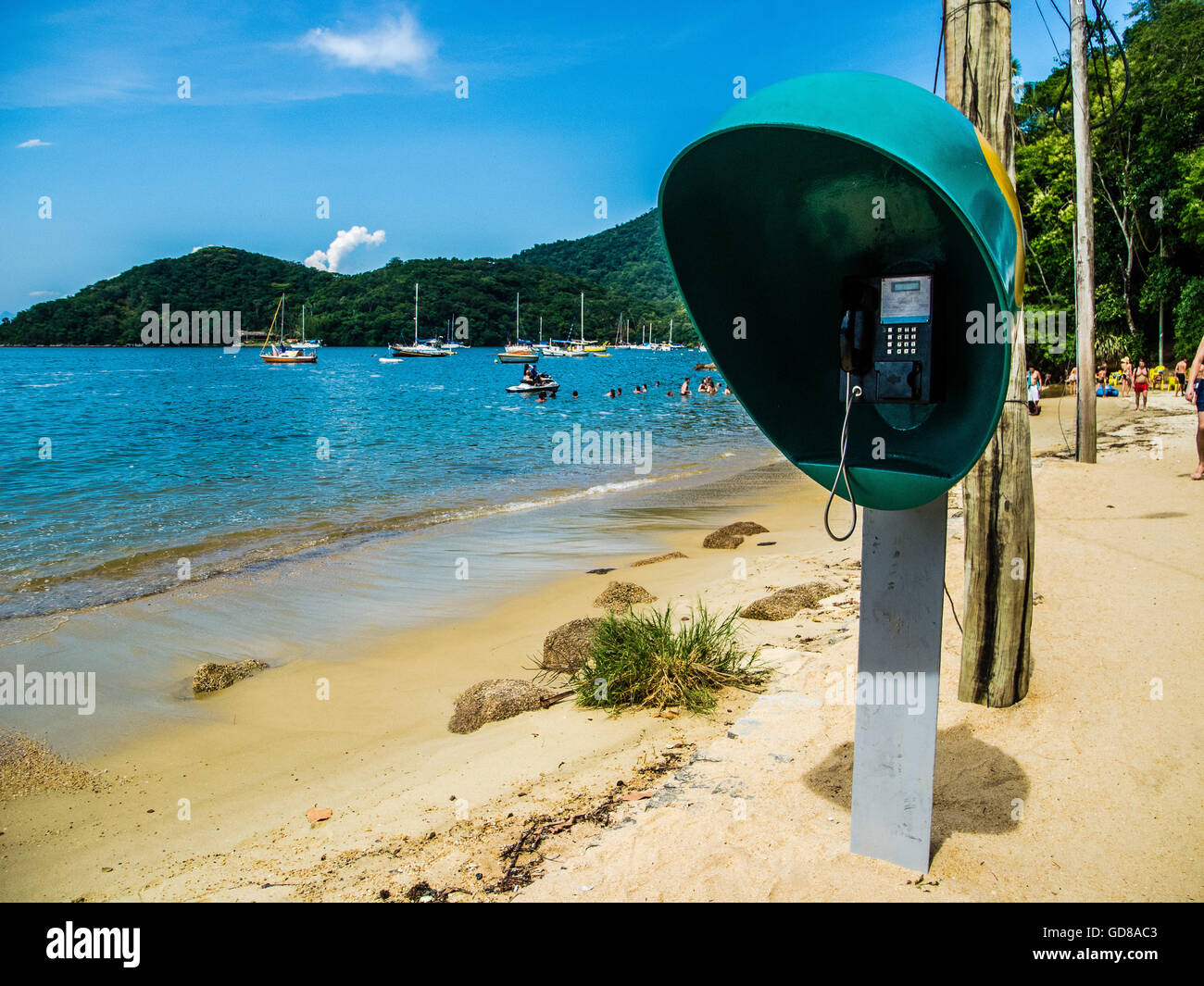 Telephone Booth on the Beach in Vila do Abraão, Ilha Grande, Rio de ...