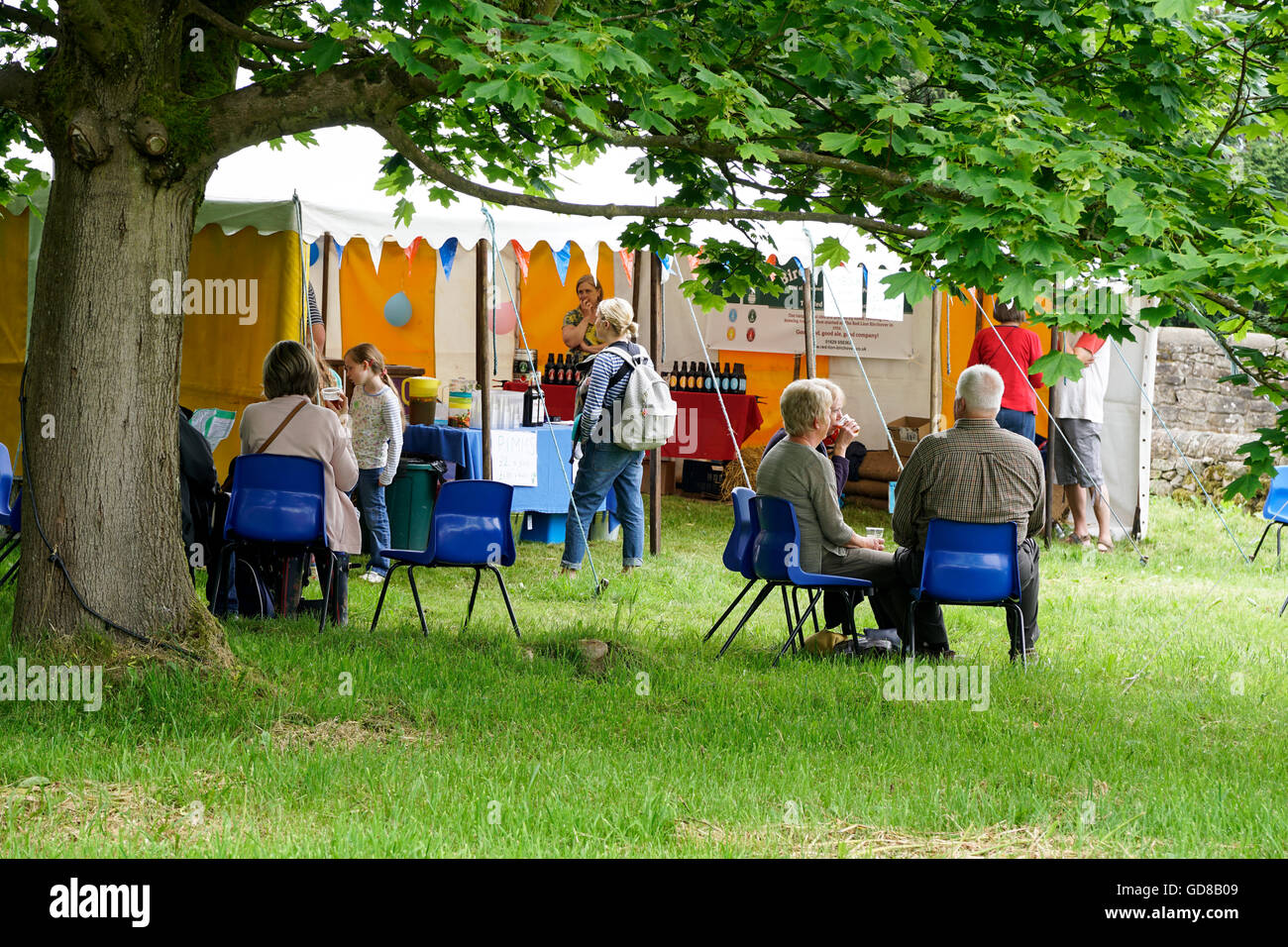 People sitting under tree in Stanton in the Peak Derbyshire England ...