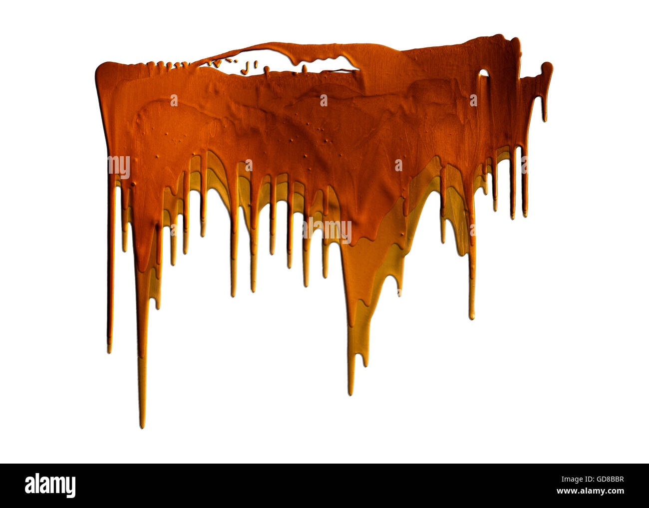 three shades of orange paints dripping isolated on white background ...
