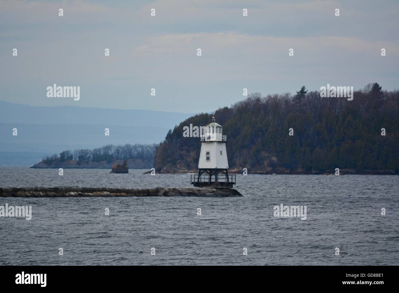 A lighthouse on the breakwater of Burlington, Vermont on Lake Champlain ...
