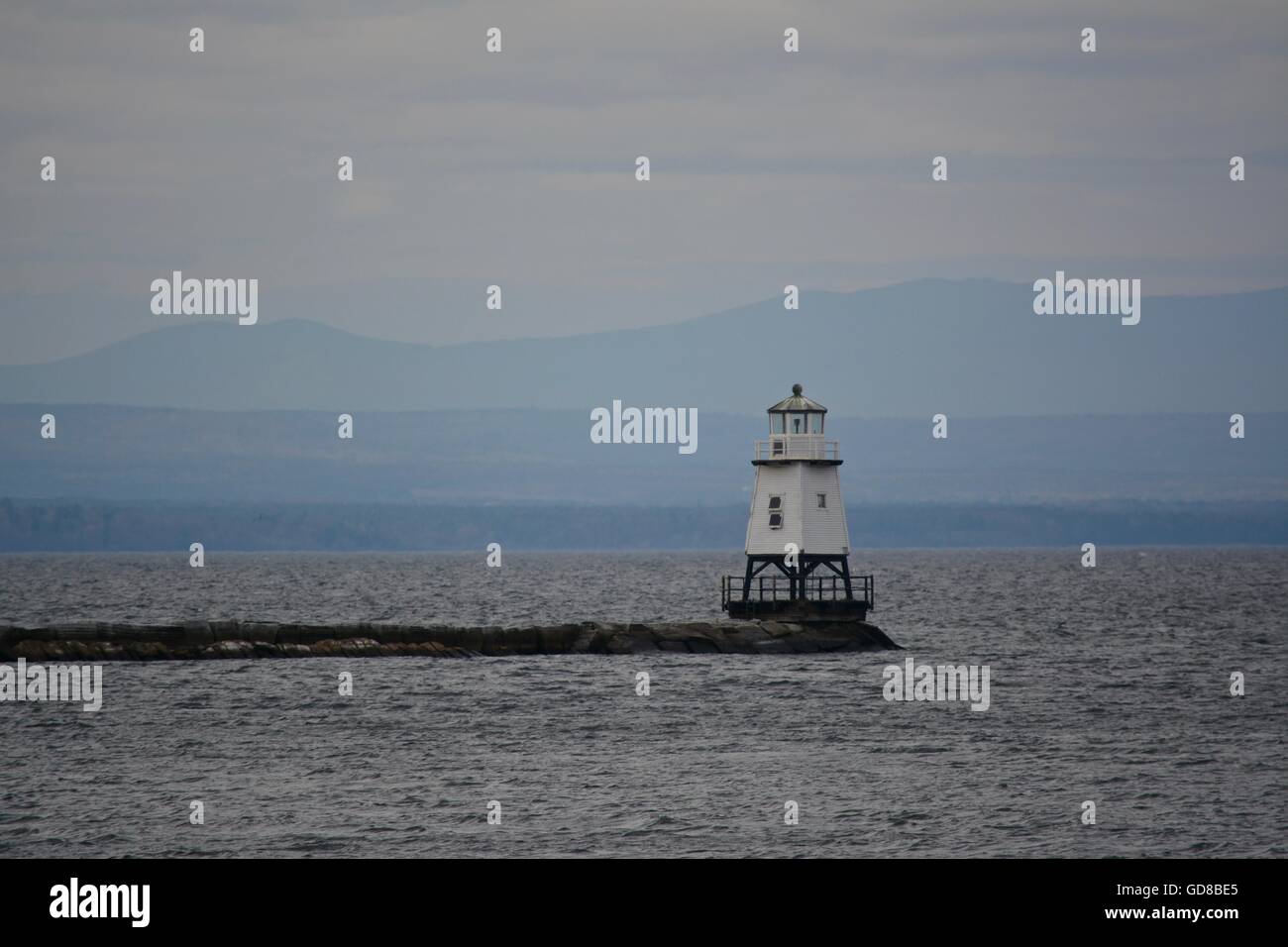A lighthouse on the breakwater of Burlington, Vermont on Lake Champlain ...