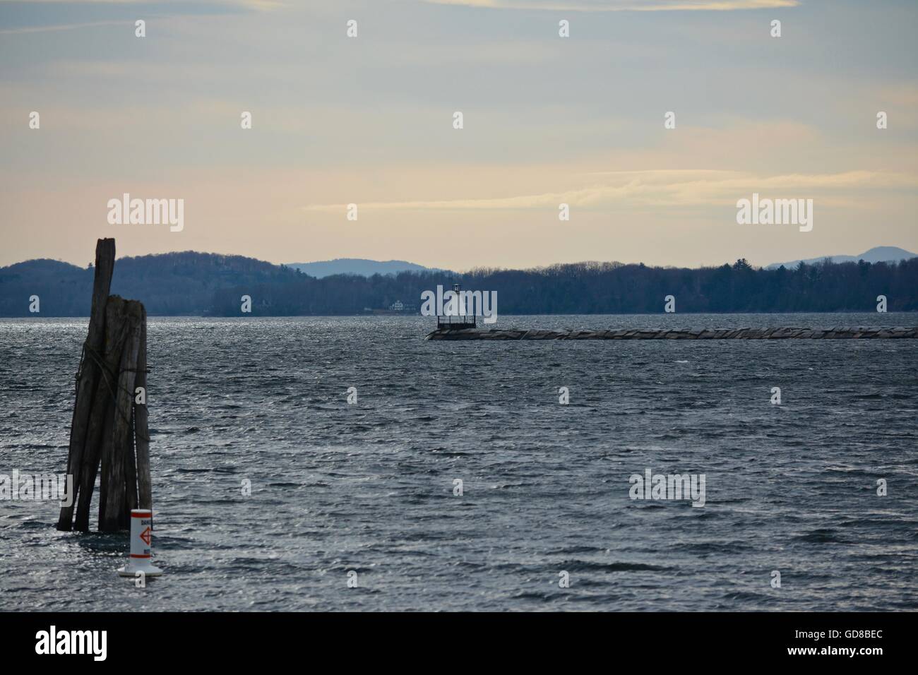 A lighthouse on the breakwater of Burlington, Vermont on Lake Champlain ...