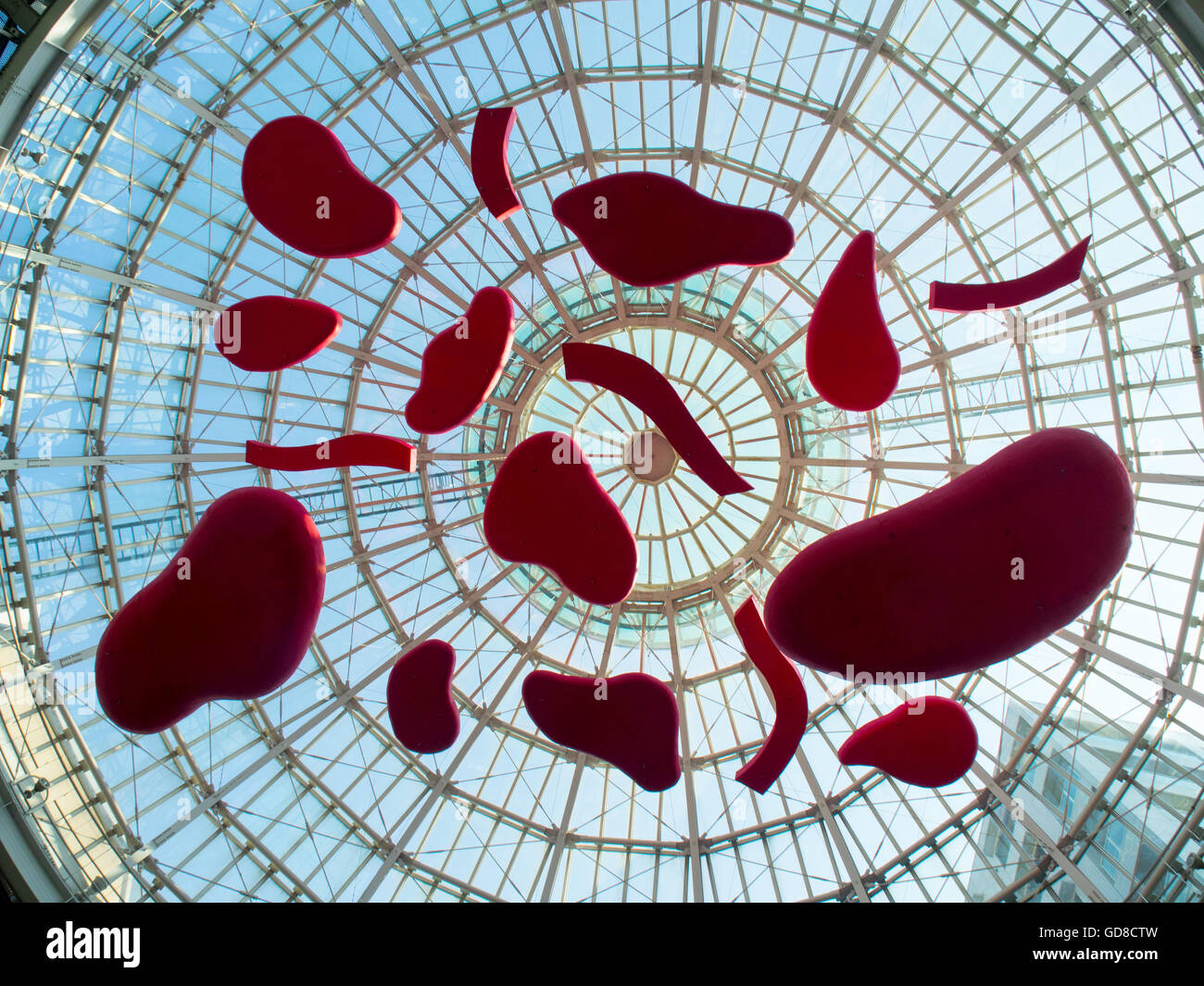 Floating red sculptures hanging from a vaulted glass dome Stock Photo ...