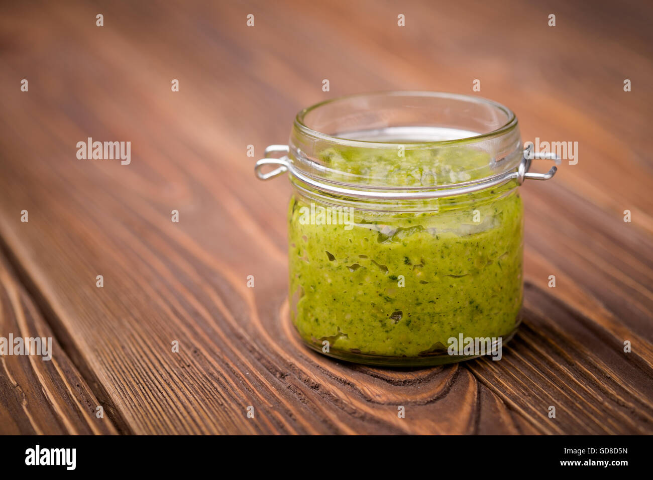 Natural homemade DIY vegan very healthy green pesto made of radish ...