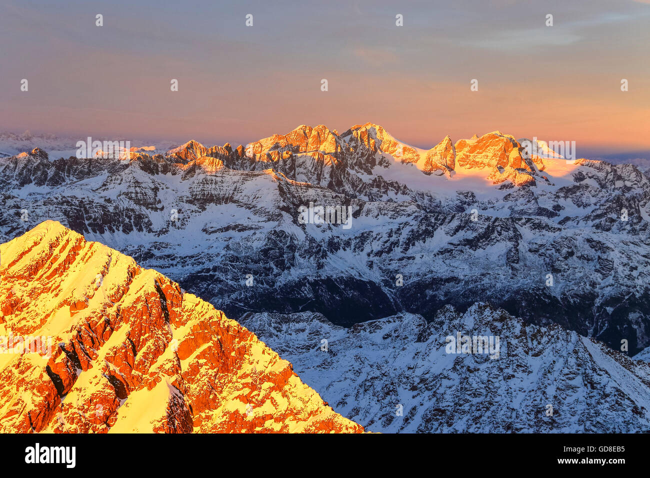 Aerial view of Mount Disgrazia and Bernina Group at sunset Masino ...