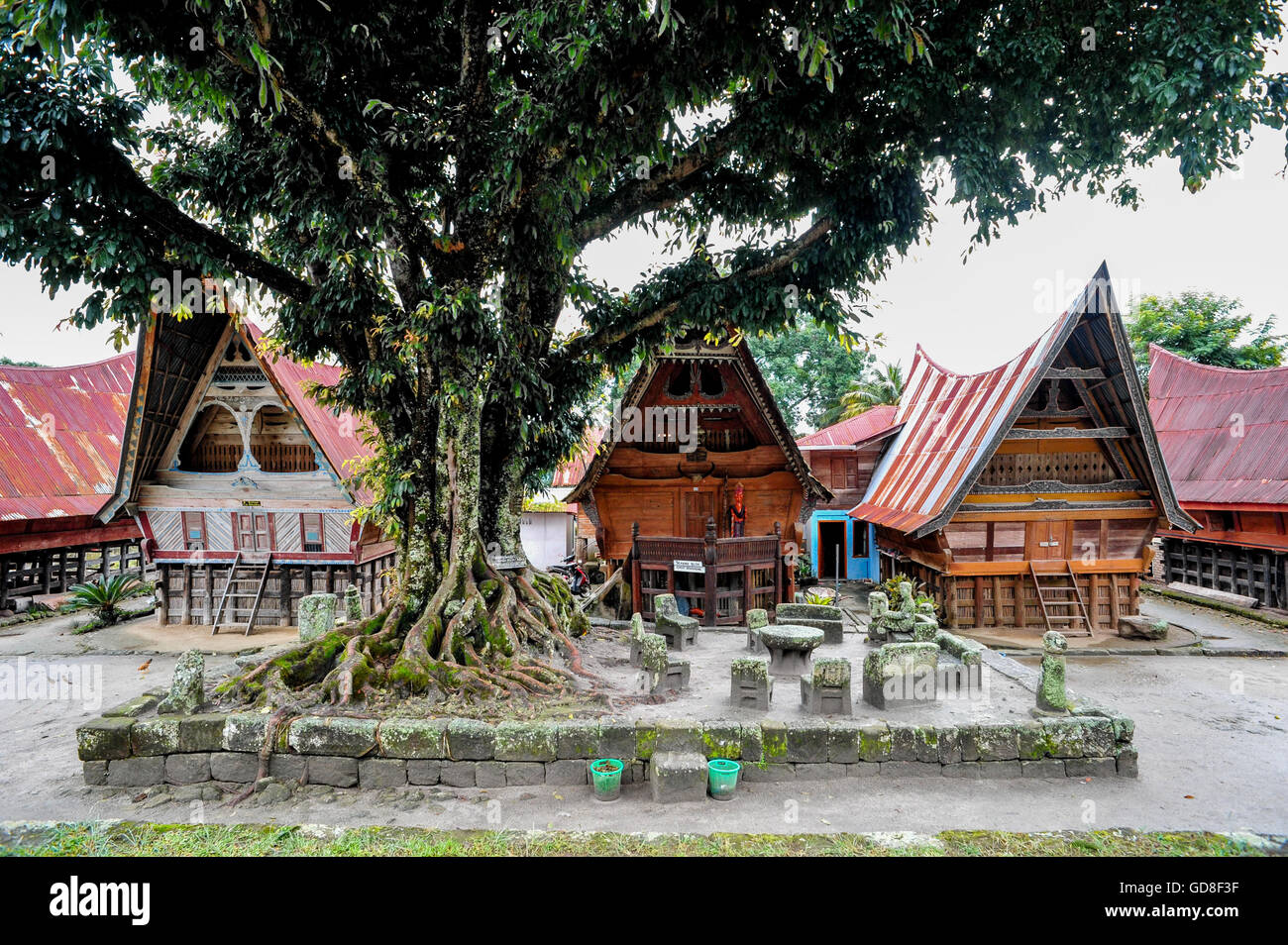 Three tradition batak houses in Bolon Simanindo Batak Museum Village ...