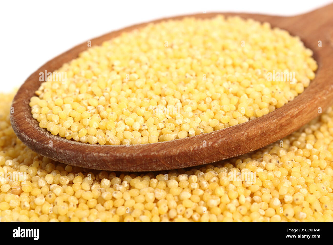 Millet Grains on wooden spoon. Isolated on white background. Macro ...