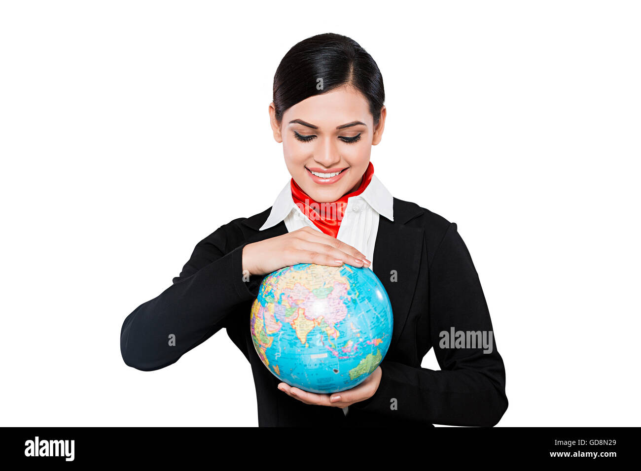 1 Indian Adult Woman Air Hostess standing World Globe showing Stock ...