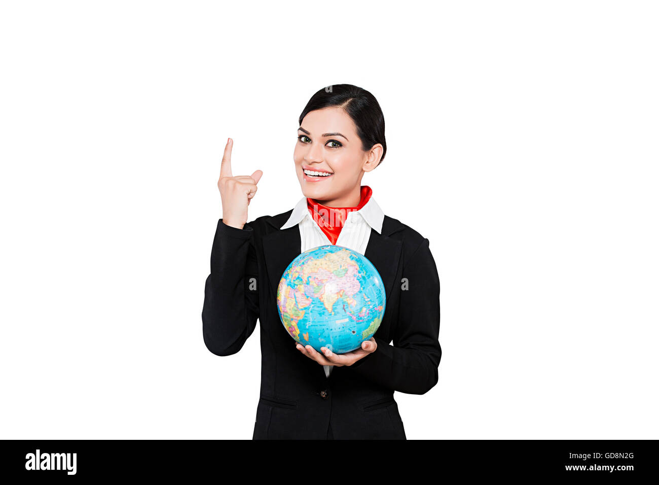 1 Indian Adult Woman Air Hostess standing World Globe finger Pointing ...