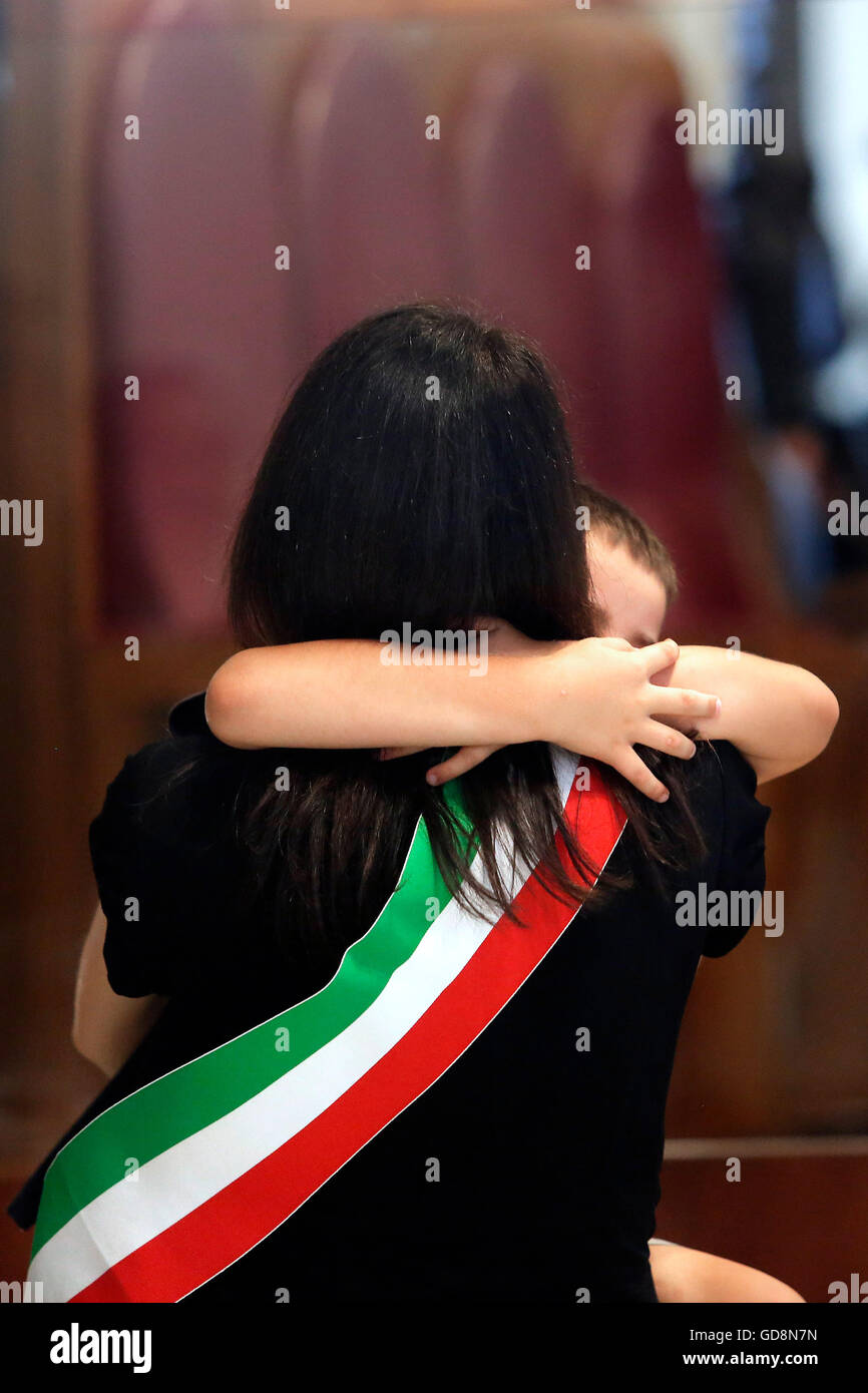 Virginia Raggi with his son Rome 7th July 2016. Campidoglio, first ...