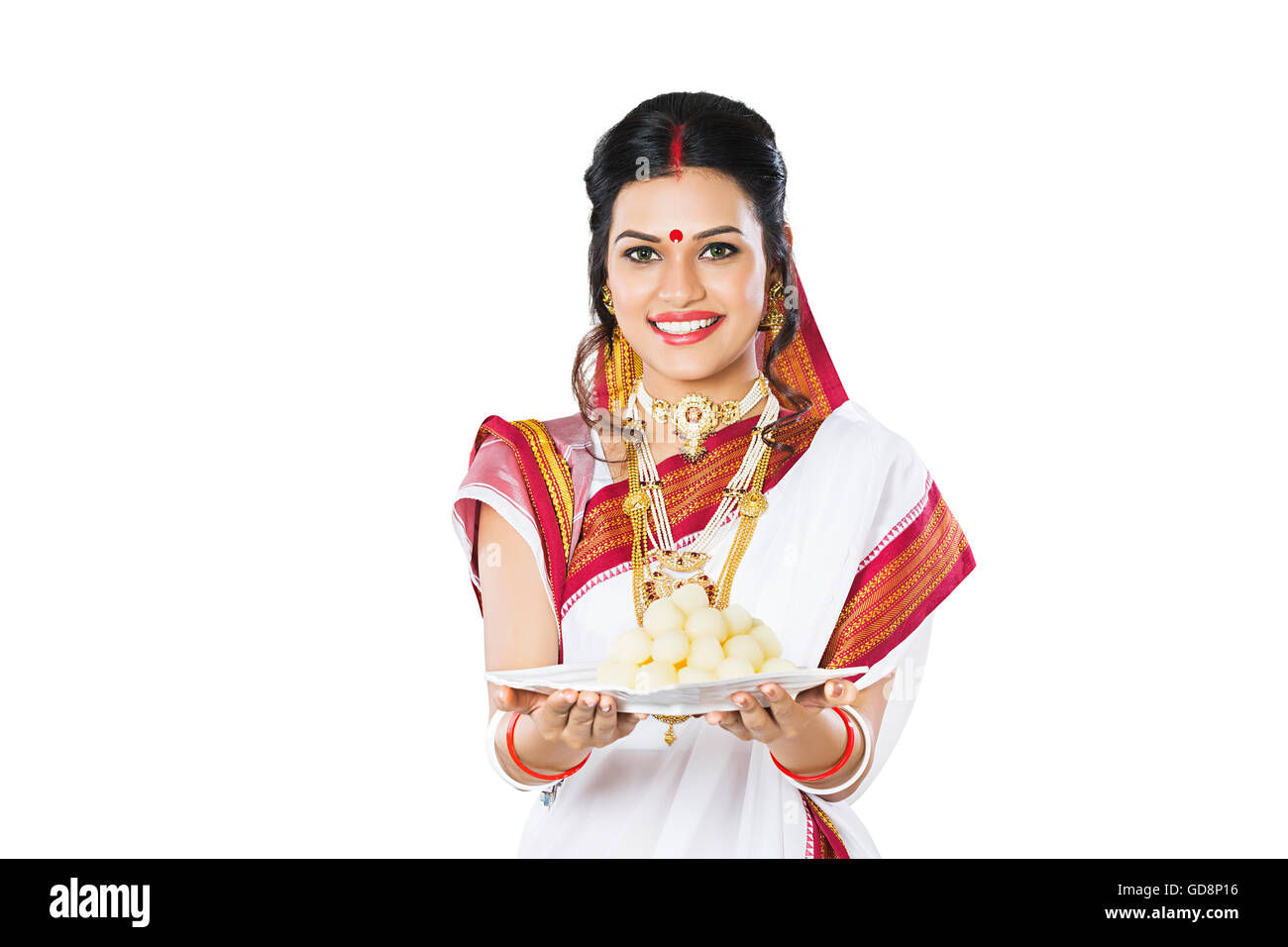 1 Indian Bengali Adult Woman Durga Puja plate holding Sweets Rasgullah ...