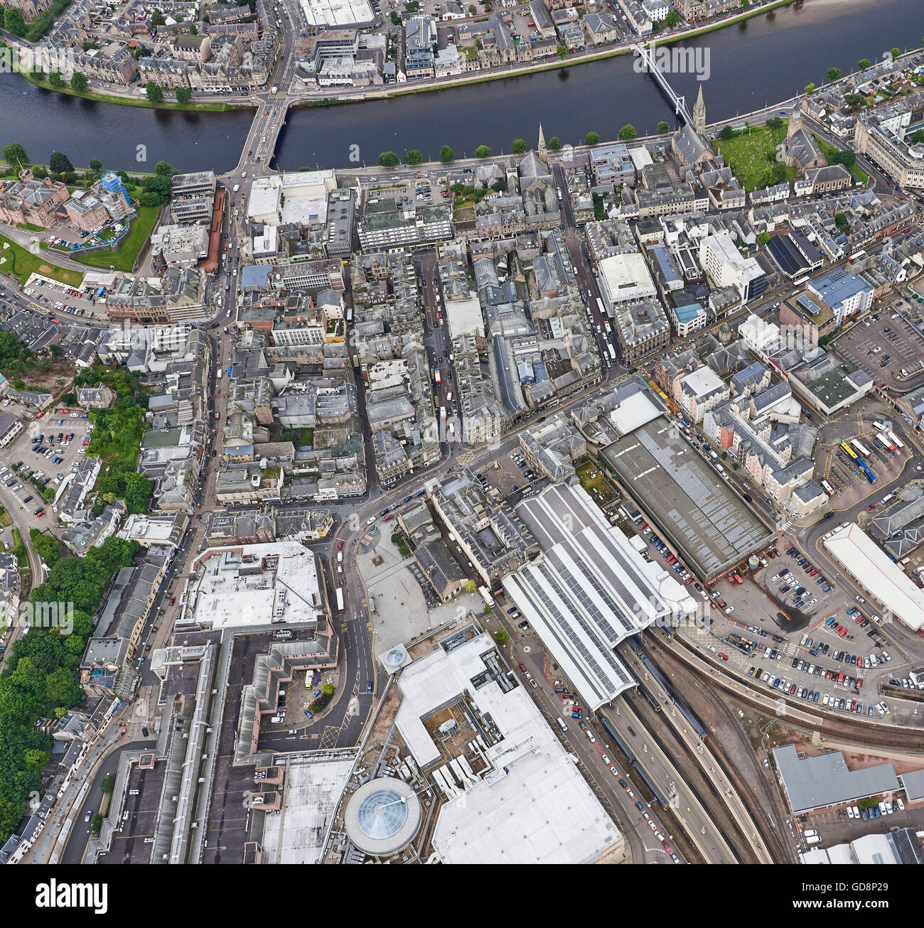 Inverness city centre and river ness, from the air, Highland Scotland ...