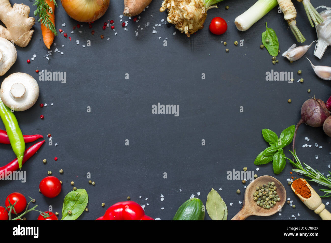 Menu food culinary frame concept on black background Stock Photo - Alamy