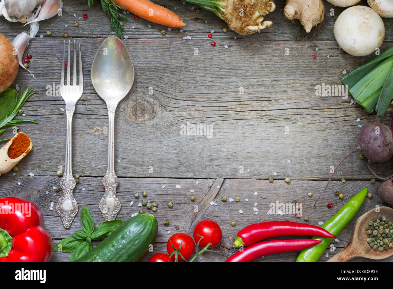 Menu food culinary frame concept on vintage wooden background Stock ...