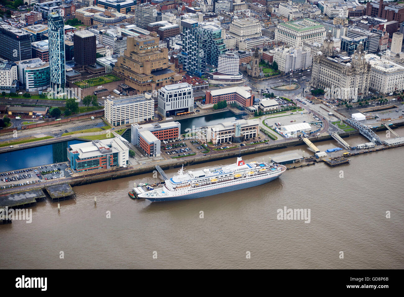 An aerials view of a cruise liner, moored at Liverpool historic ...