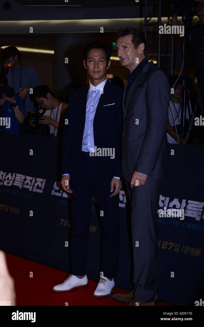 Seoul, Korea. 13th July, 2016. Jung-jae Lee and Liam Neeson attend the ...