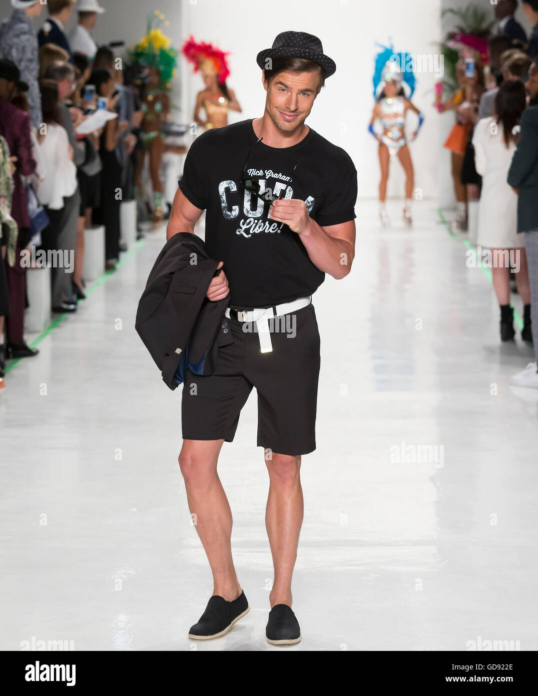 New York, USA. 13th July, 2016. A model walks the runway at the Nick ...