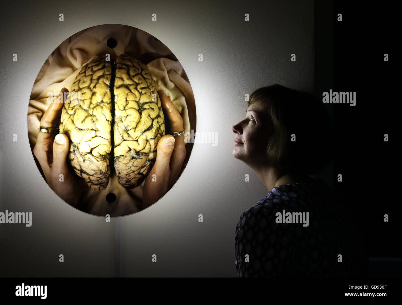 Gallery assistant Patsy Convey looks at a photographic transparency ...