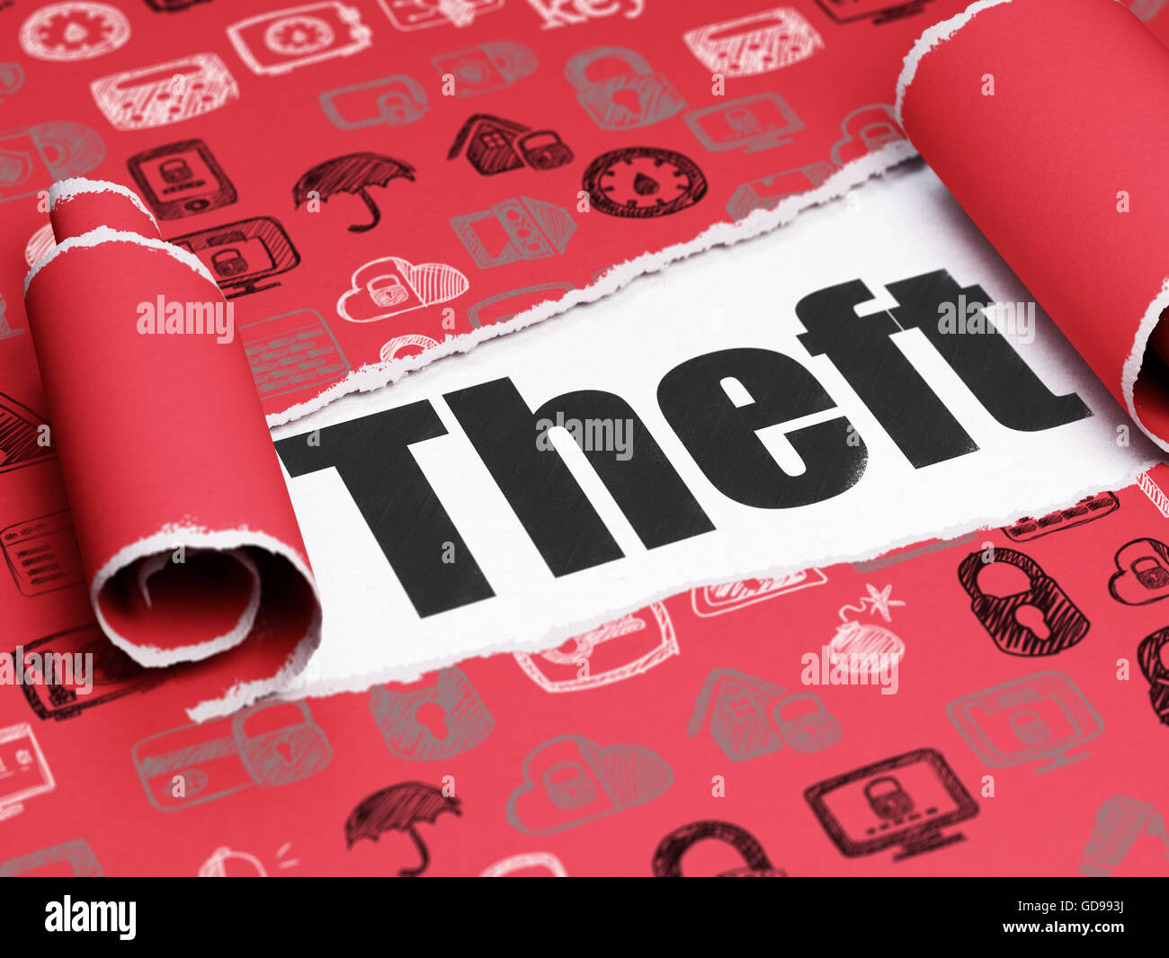 Protection concept: black text Theft under the piece of torn paper ...
