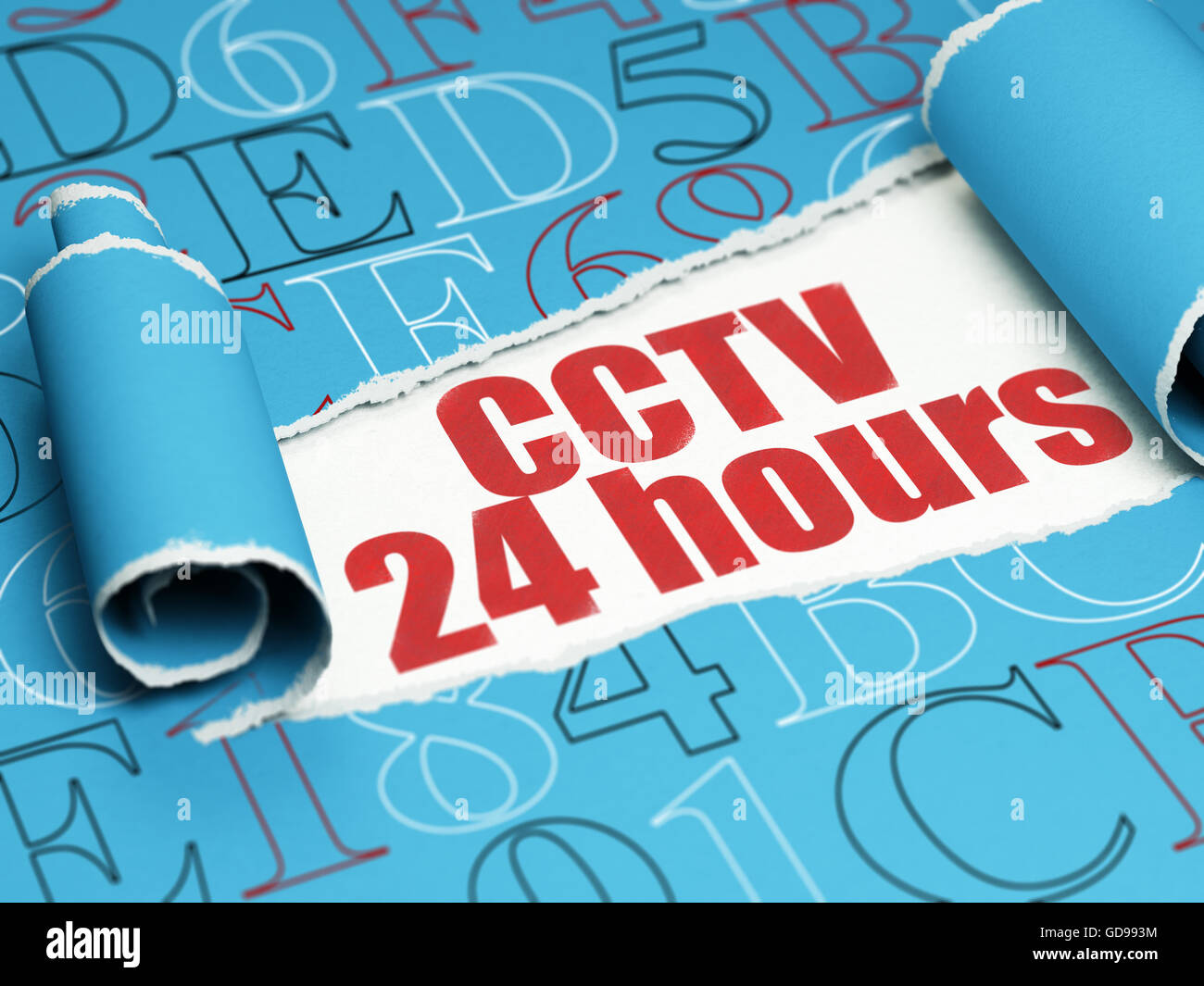 Security concept: red text CCTV 24 hours under the piece of torn paper ...