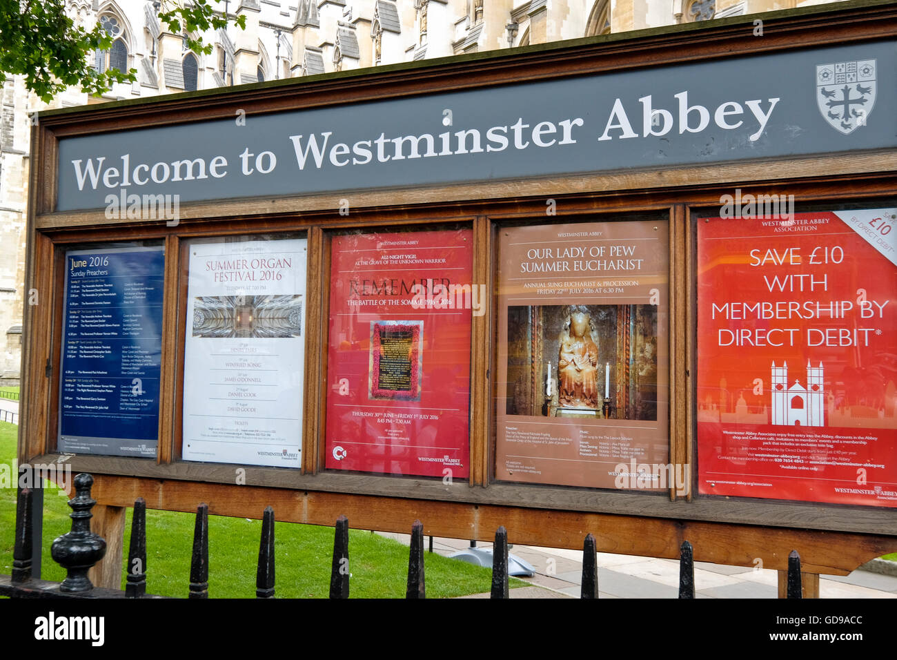 A visitors information board advising of events at the Westminster Abby ...