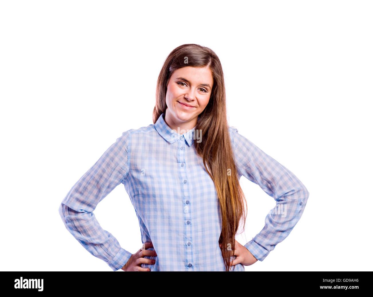 Girl in blue shirt, young beautiful woman, studio shot Stock Photo - Alamy