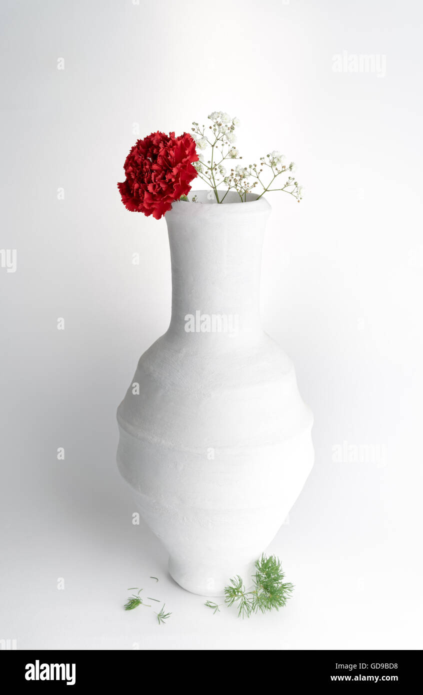 Still life composition of white pottery vase and red flower on white ...