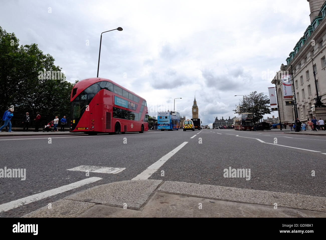 An insect view of modern double decker bus heading towards Big Ben City ...