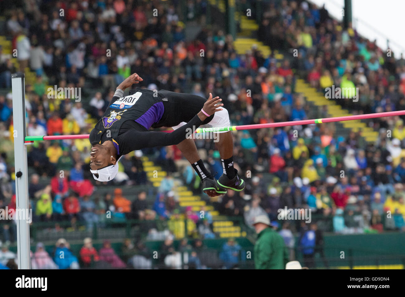 Eugene, USA. 10th July, 2016. Avion Jones clears the bar in warmups for ...