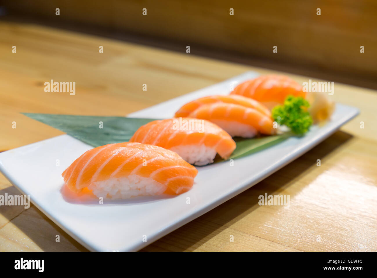 Salmon sushi, Japanese food delicious menu, served on wooden counter ...