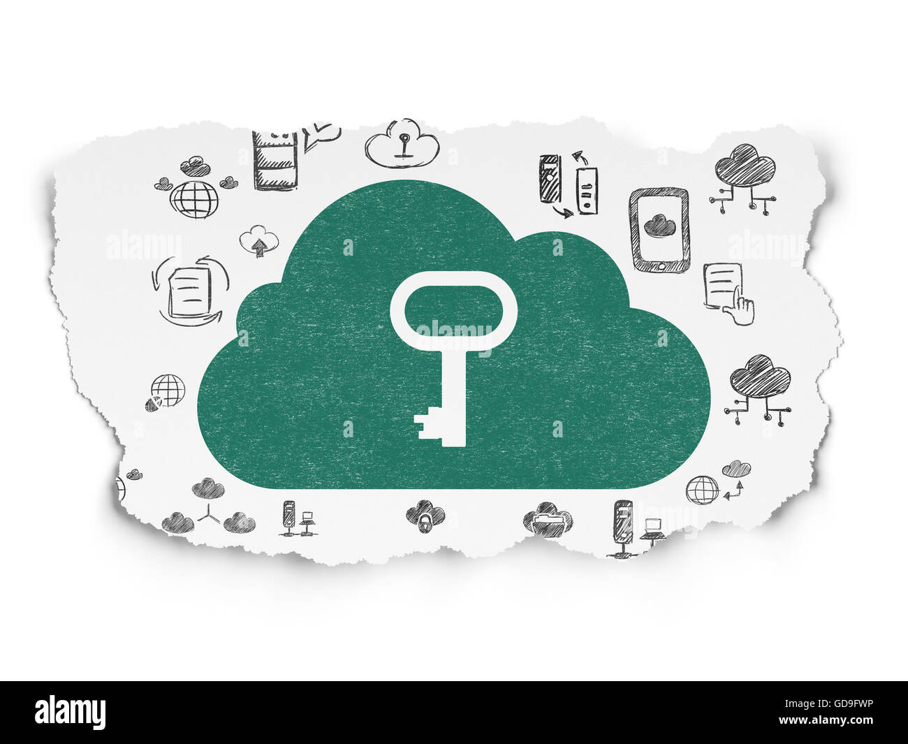 Cloud computing concept: Cloud With Key on Torn Paper background Stock ...
