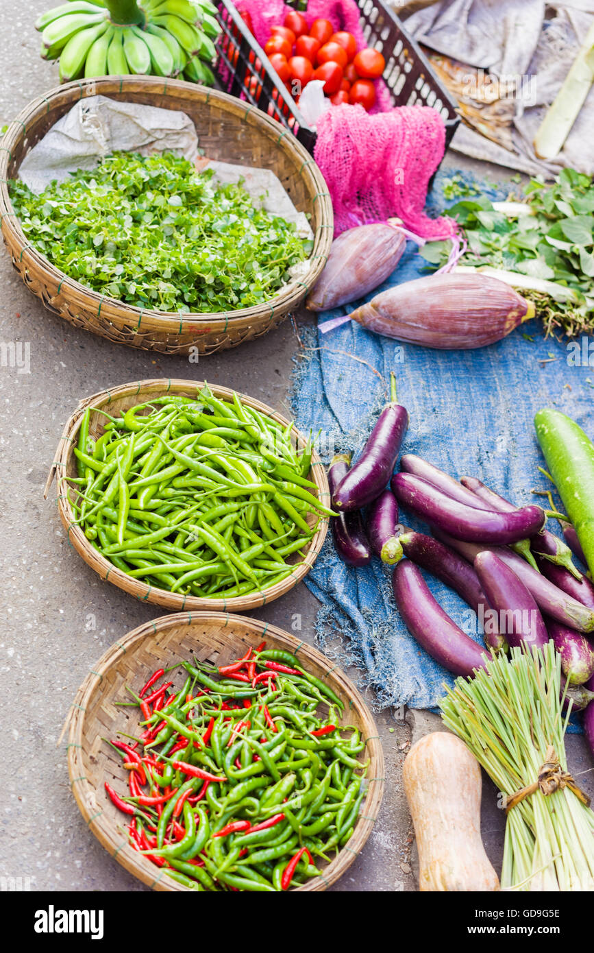 Asian street farmer market selling fresh fruit and vegetables in Hoi An ...