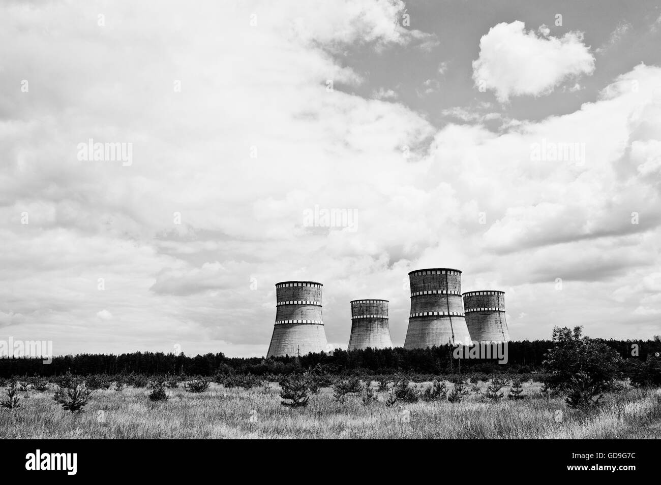 Nuclear power station. Tops of cooling towers of atomic power plant ...