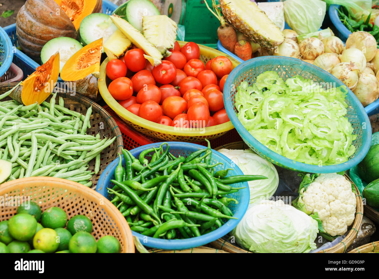 Asian street farmer market selling fresh fruit and vegetables in Hoi An ...
