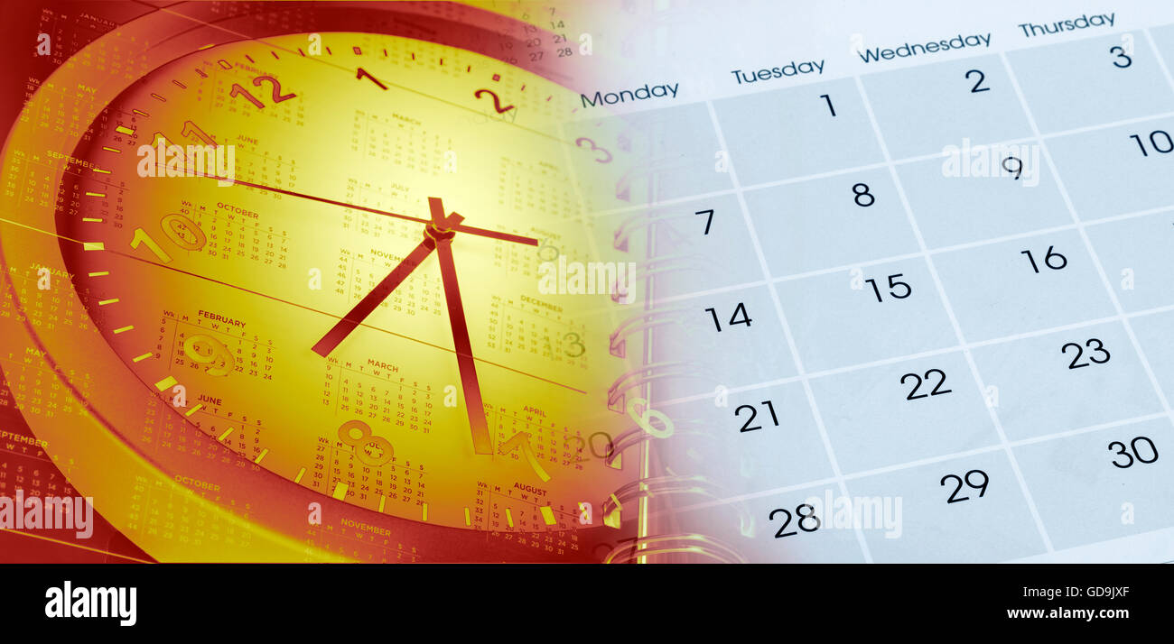 Clock face and calendars composite Stock Photo - Alamy