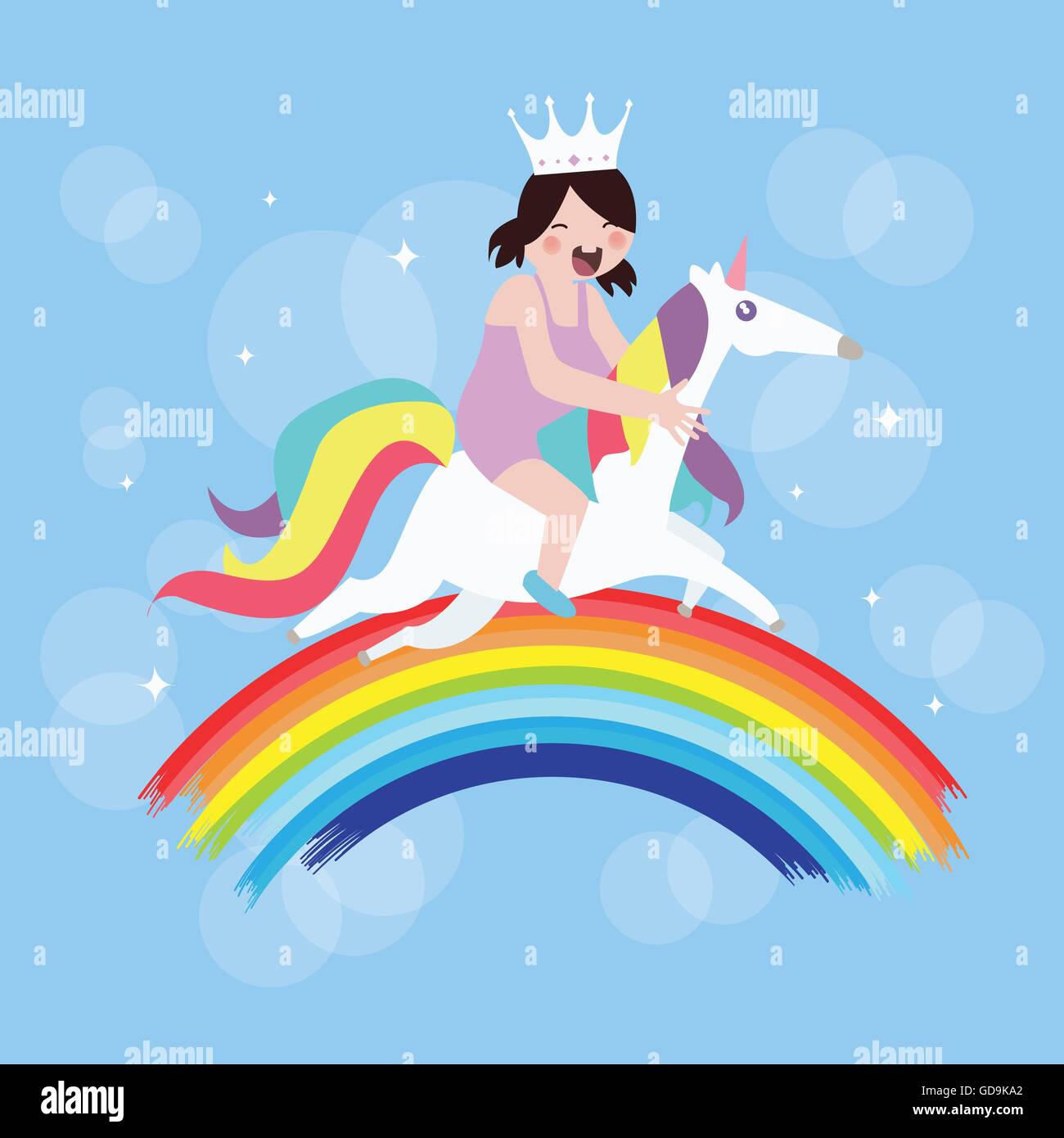 kids girls riding horse unicorn fly around rainbow imagination Stock ...