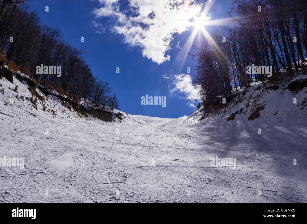Snowy slope on Vermion mountain, in 3-5 Pigadia ski center, Naoussa ...