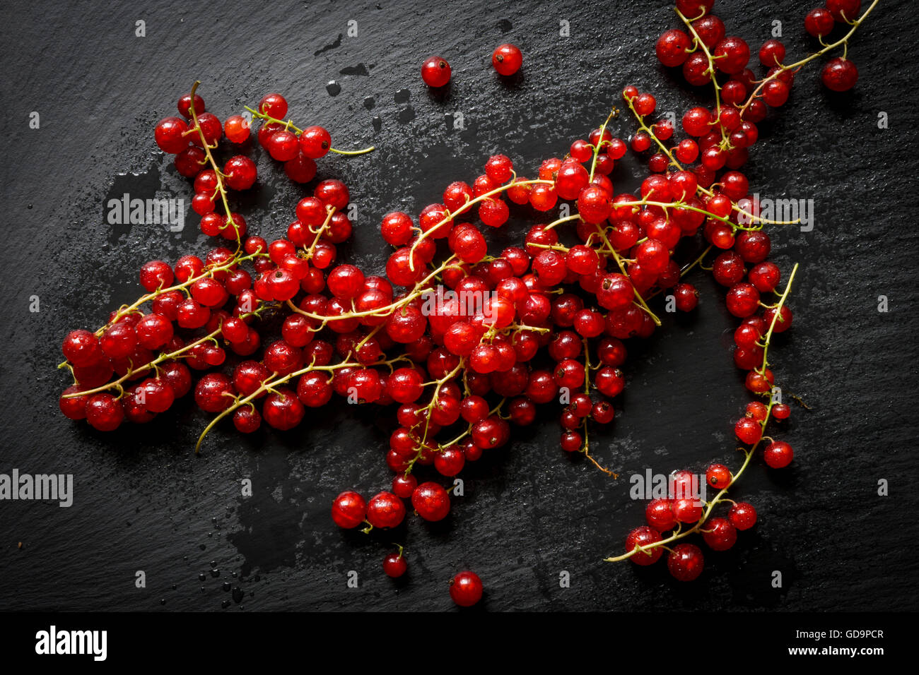 Wet red currants on black slate board. Top view Stock Photo - Alamy